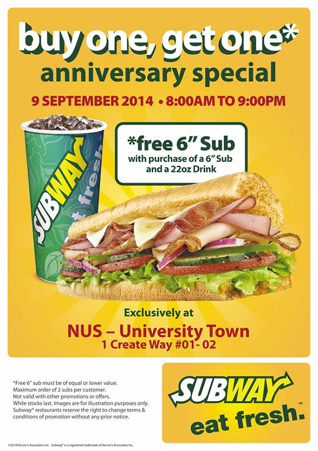 Subway 1-For-1 Anniversary Special Today Only @ NUS University Town ...
