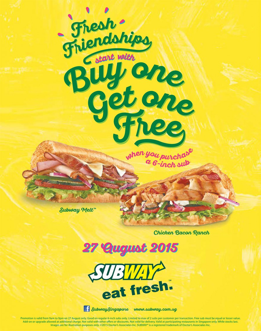 Subway 1-for-1 on 6-inch sub returns for one day on 27th August | Great ...