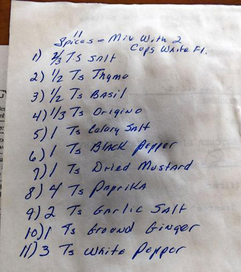 This could well be the ingredients to KFC Fried Chicken secret recipe ...