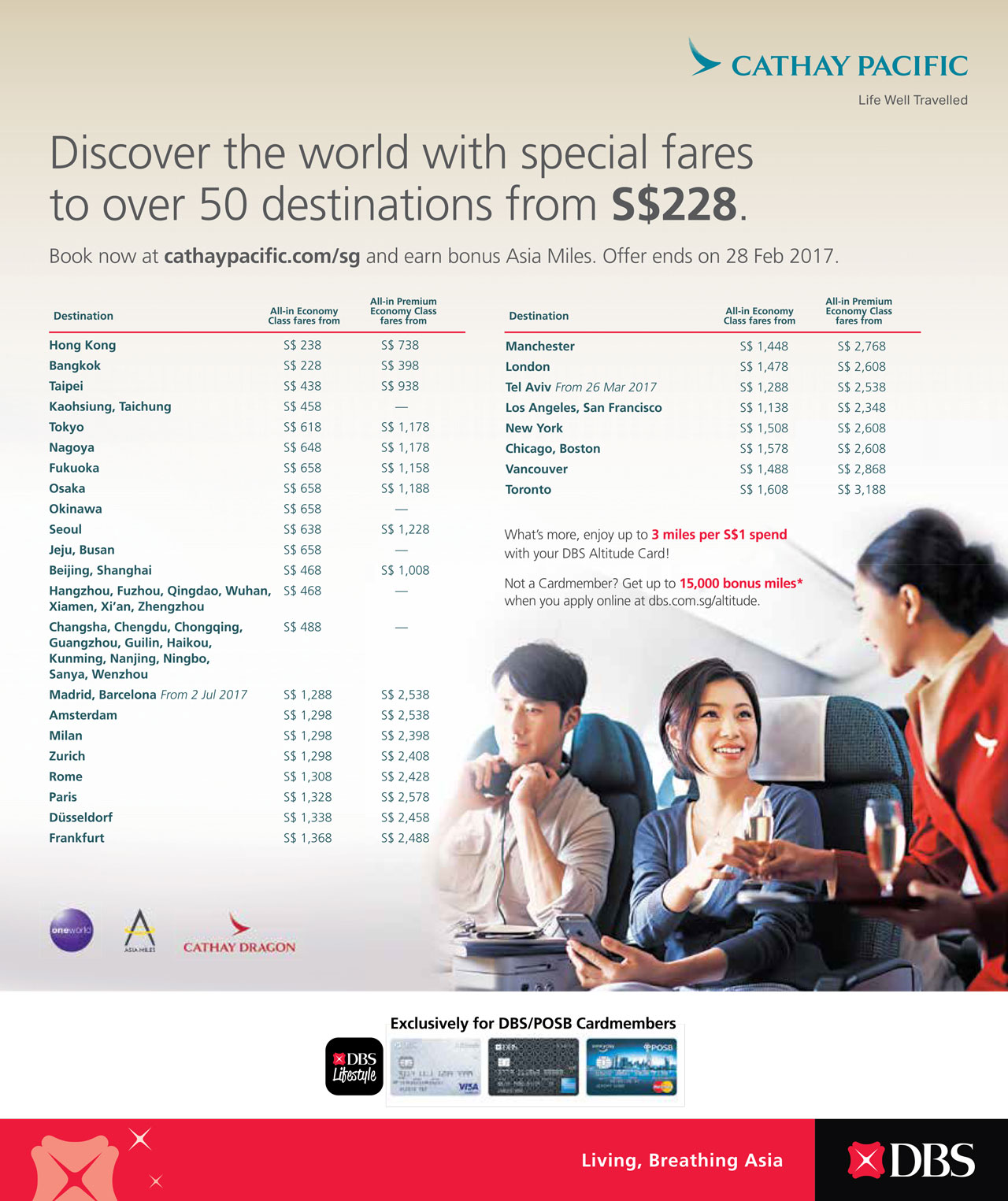 Cathay Pacific Special Fares Worldwide from S$228 for DBS/POSB cardholders | Great Deals Singapore