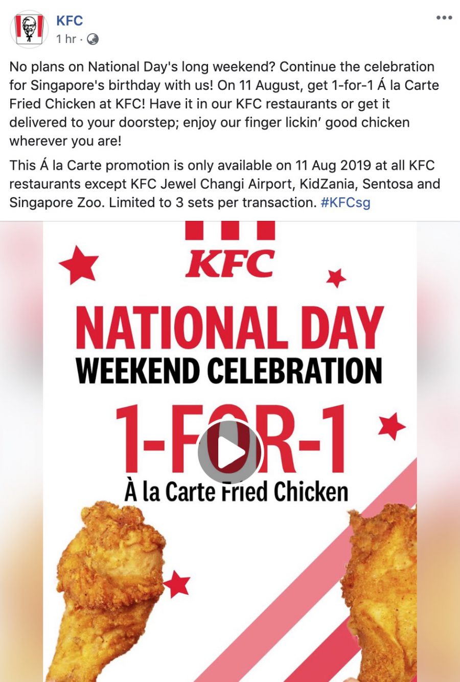 KFC S'pore celebrates National Day Weekend with 1-for-1 Fried Chicken ...