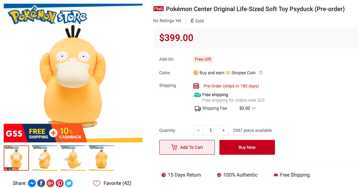 Life-sized Psyduck Plush Toy available on Pokémon Center S'pore online ...