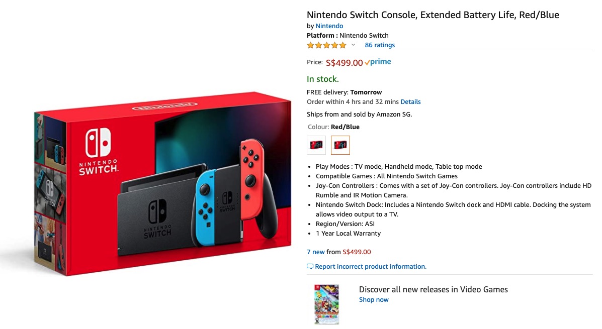 Amazon S'pore selling Nintendo Switch with improved battery for S$499 ...