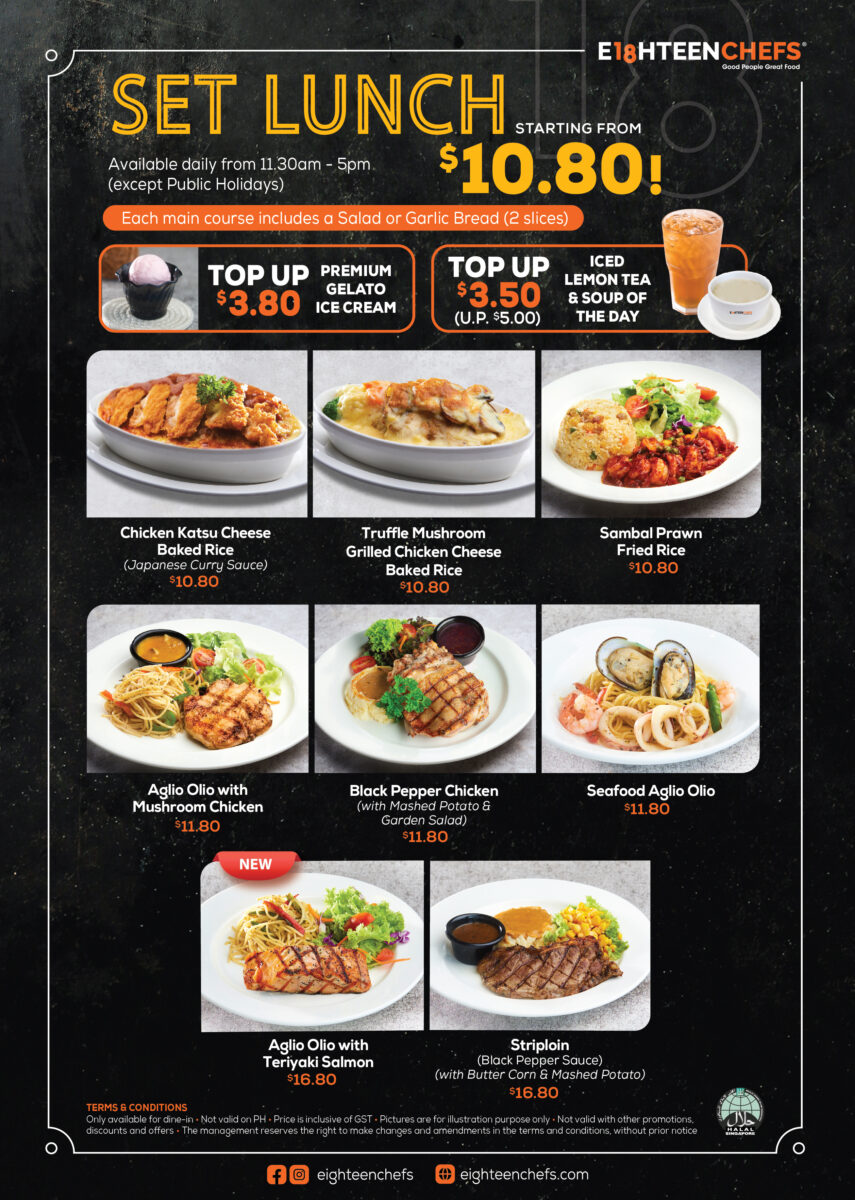 Eighteen Chefs has 1-FOR-1 Mains with Drinks for $16.80 nett during ...