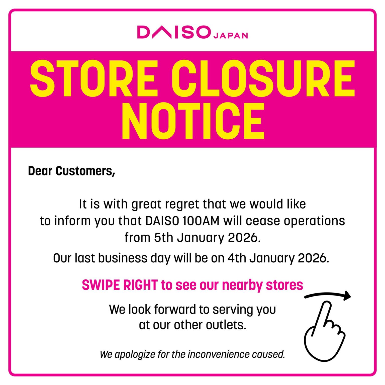 Daiso Singapore Announces 100AM Store Closure in January 2026 After ...