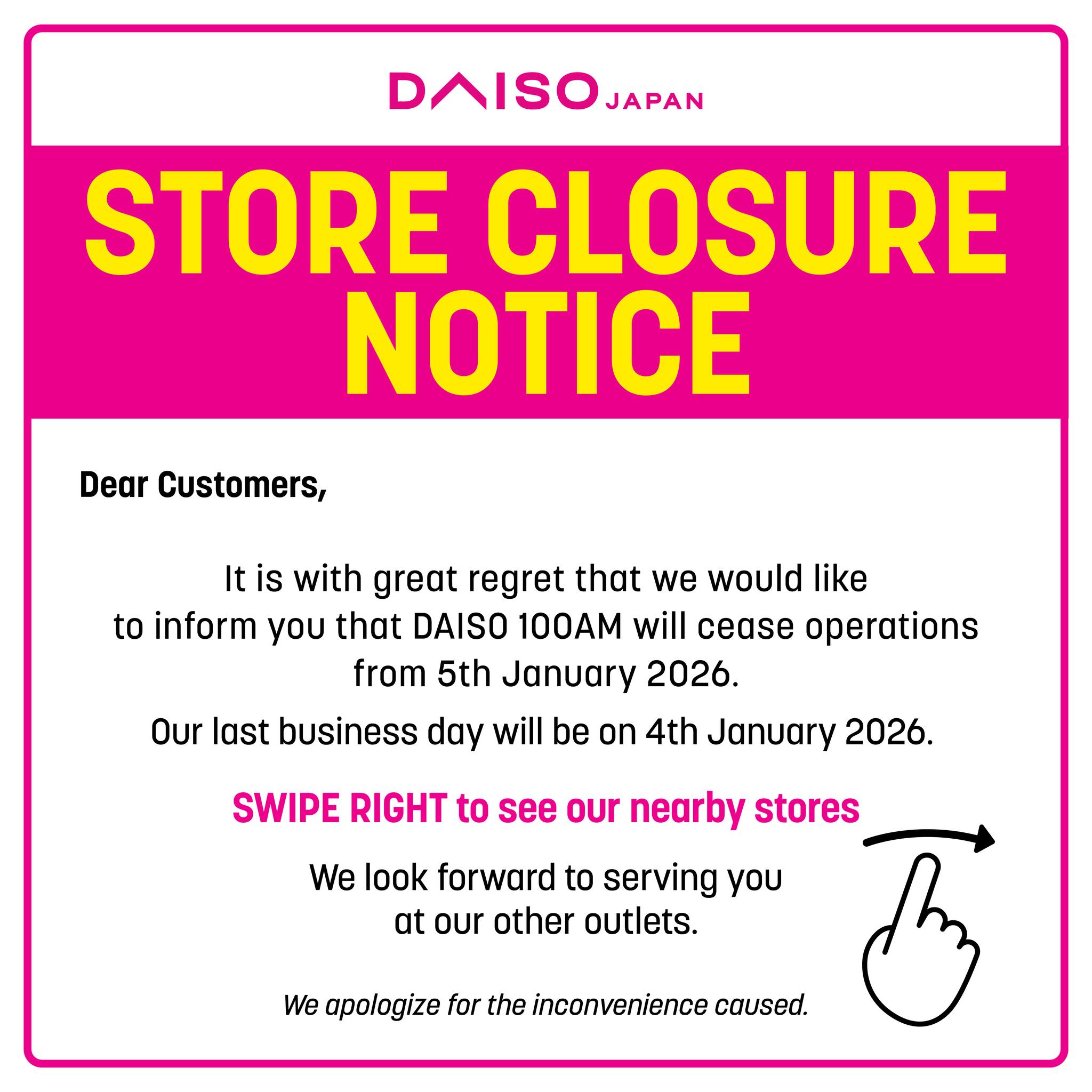 Daiso Singapore Announces 100AM Store Closure in January 2026 After ...